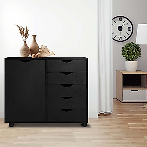 Naomi Home Amy 5 Drawer Chest, Wood Storage Dresser Cabinet with Wheels, Craft Storage Organization, Makeup Drawer Unit for Closet Bedroom Office File Cabinet - Distressed Black