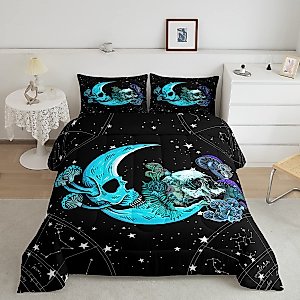 Mushroom Moon and Skull Bedding Set Queen Size for Kids Teens Men Women Adults,Blue and Black Space Stars Comforter Set for Bedroom Decor,Trippy Mushroom Moon Duvet Insert,Boho Galaxy Down Comforter