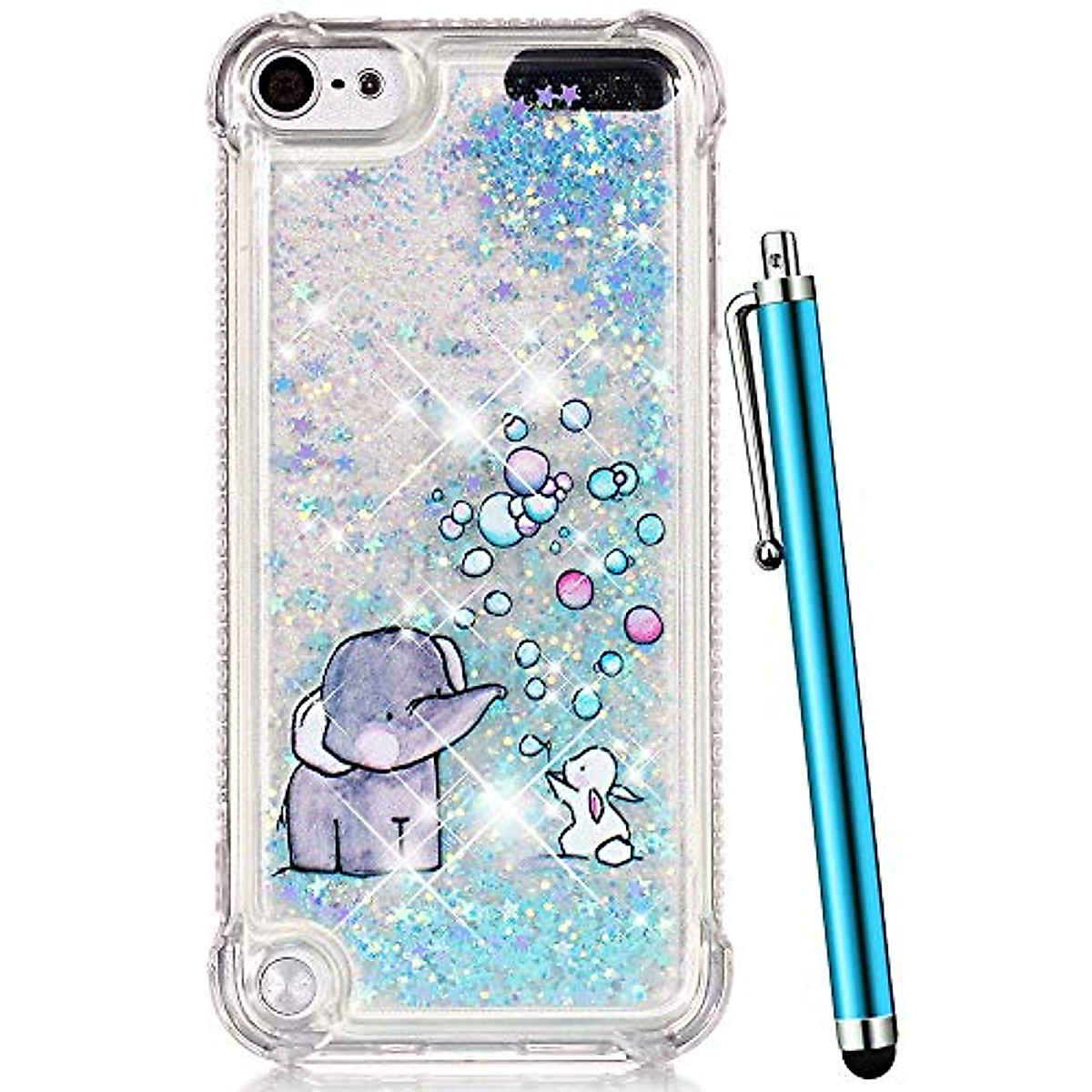 CAIYUNL iPod Touch 7 Case, iPod Touch 6 /Touch 5 Case Glitter, Liquid Sparkle Bling Cute Clear Soft TPU Girls Women Kids Protective Case Cover for iPod Touch 7th /6th/5th Generation -Blue Elephant