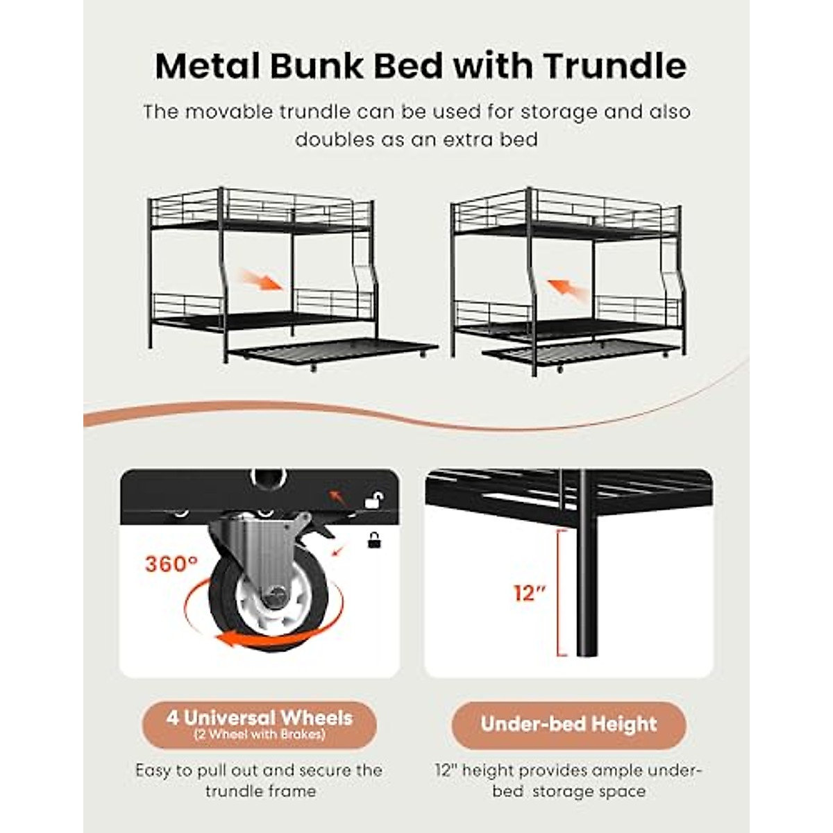 Miscoos Full XL Over Queen Bunk Bed with Trundle, Heavy-Duty Bunk Bed Frame with Ladder and High Guardrail, Convertible into 3 Beds for Kids Teens Girls Boys, Black