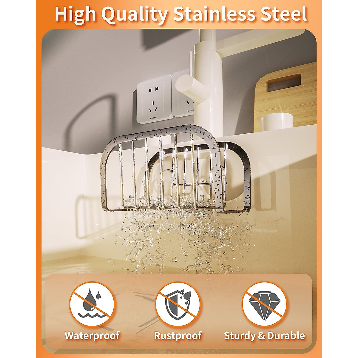 SWTYMIKI Sponge Holder for Kitchen Sink, Movable Sink Sponge Holder with Suction Cups Stainless Steel Sink Caddy Suction Cup for Sponge & Brush, Silver