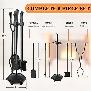 Gtongoko 5 Pcs Fireplace Tools Set 32" Black Wrought Iron Large Fire Tool Set for Outdoor/Indoor Include Chimney Poker, Rustic Tongs, Shovel, Antique Brush and Stand Accessories Set