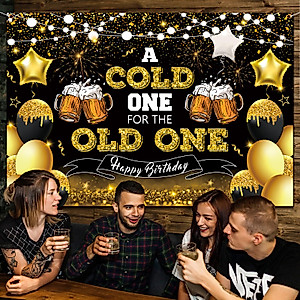 Beer Party Decorations,Black and Gold Happy Birthday Backdrop for Men A Cold One for The Old One Photography Background Banner for 30th 40th 50th Birthday Cheers and Beers Party Supplies