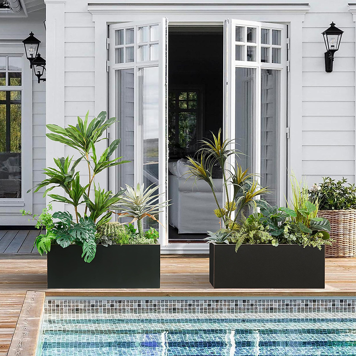 Wallowa Metallic Heavy Long and Large Outdoor/Indoor Planter, Rectangular Trough Planter Box, 38”Lx15”Wx15”H, 40Pounds, Black with Hand Brushed Gold Edge, No Assemble and Seamless