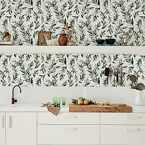 Livebor Green Leaf Wallpaper Peel and Stick Leaf Contact Paper 17.7inch x 118.1inch Green Peel and Stick Wallpaper Modern Farmhouse Wallpaper Neutral Sage Wallpaper Self Adhesive Decorative Paper