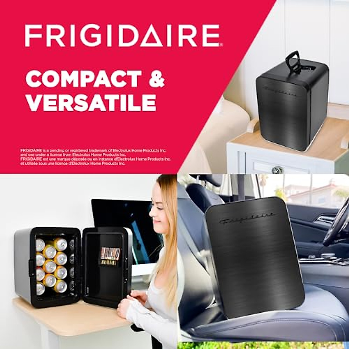 Frigidaire Mini Personal Fridge Cooler, Countertop, Holds Up to 10L/15 Cans, Brushed Black Stainless Rugged Design, Portable for Skincare, Makeup, Car, Office, Bedroom, Dorm Room, or Cabin