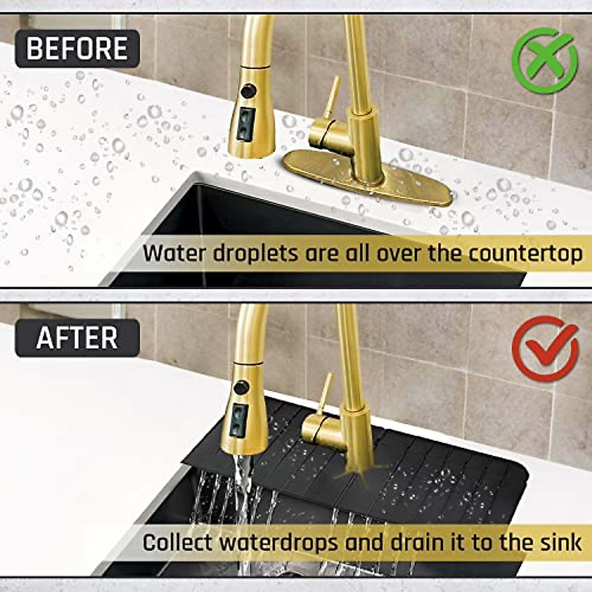 Tenini Strive Sink Splash Guard for Kitchen – (Pack of 2) 14.56x5.45 Inches (Black) Silicone Faucet Mat Handle Drip Catcher for Kitchen Counter & Bathroom Sink Accessories Gadgets