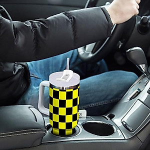 Caikeny Insulated Tumblers with Lid and Straw Checkerboard Yellow 40 oz Reusable Stainless Steel Cup Black Water Bottle Coffee Travel Tumbler Mug for Women Men