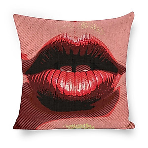 JOJOART Women's Red Lips Throw Pillow Covers 18×18 Pillowcases Set of 1 Pop Art Style Linen Decorative Square Pillow Case Cushion Covers Standard Size for Sofa Couch Outdoor Bed Pillow Protectors