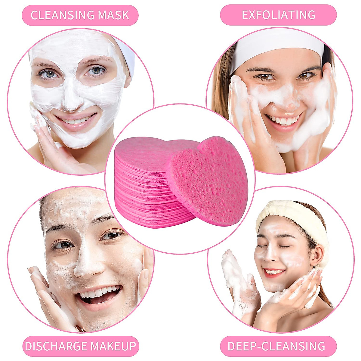Facial Sponges Compressed Natural Cellulose Sponge Spunspon Round/Heart Shape Face Sponge for Face Cleansing Exfoliating and Makeup Removal 100 Count / 2 - Pack, Pink