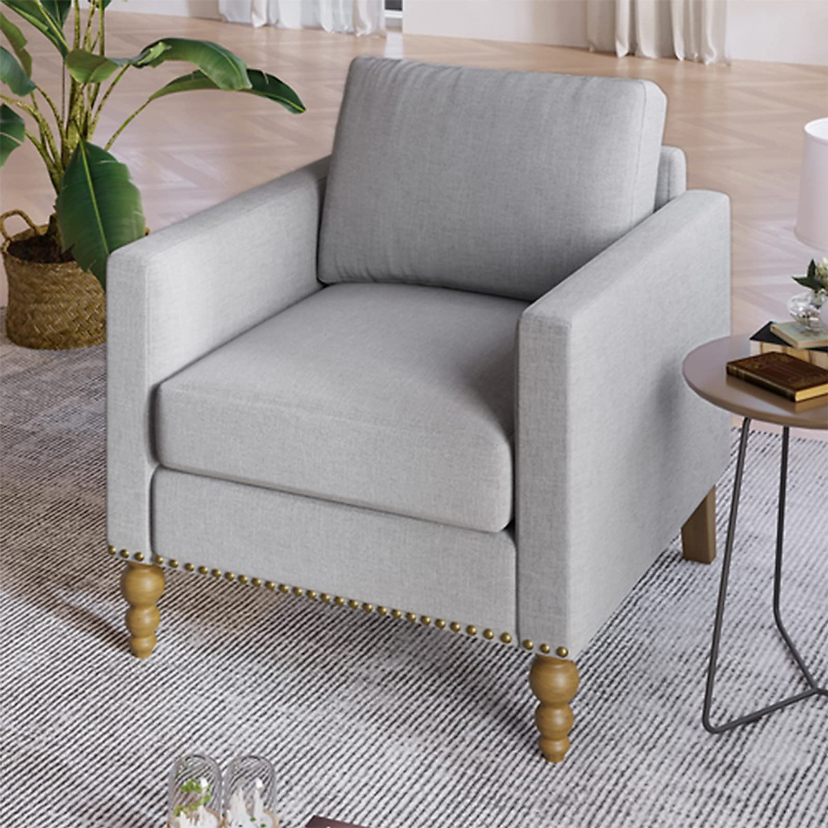 LCMKR Classic Linen Armchair Accent Chair with Bronze Nailhead Trim Wooden Legs Single Sofa Couch for Living Room, Bedroom, Balcony, Light Gray