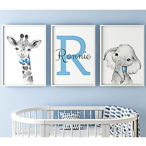 Safari Animals Boys Nursery Bedroom Unframed set of 3 Poster Prints, Personalized Name Blue Green Yellow Bow Tie Wall Art Decor New Baby Gift Present, Elephant Giraffe Lion Zebra (9x12)