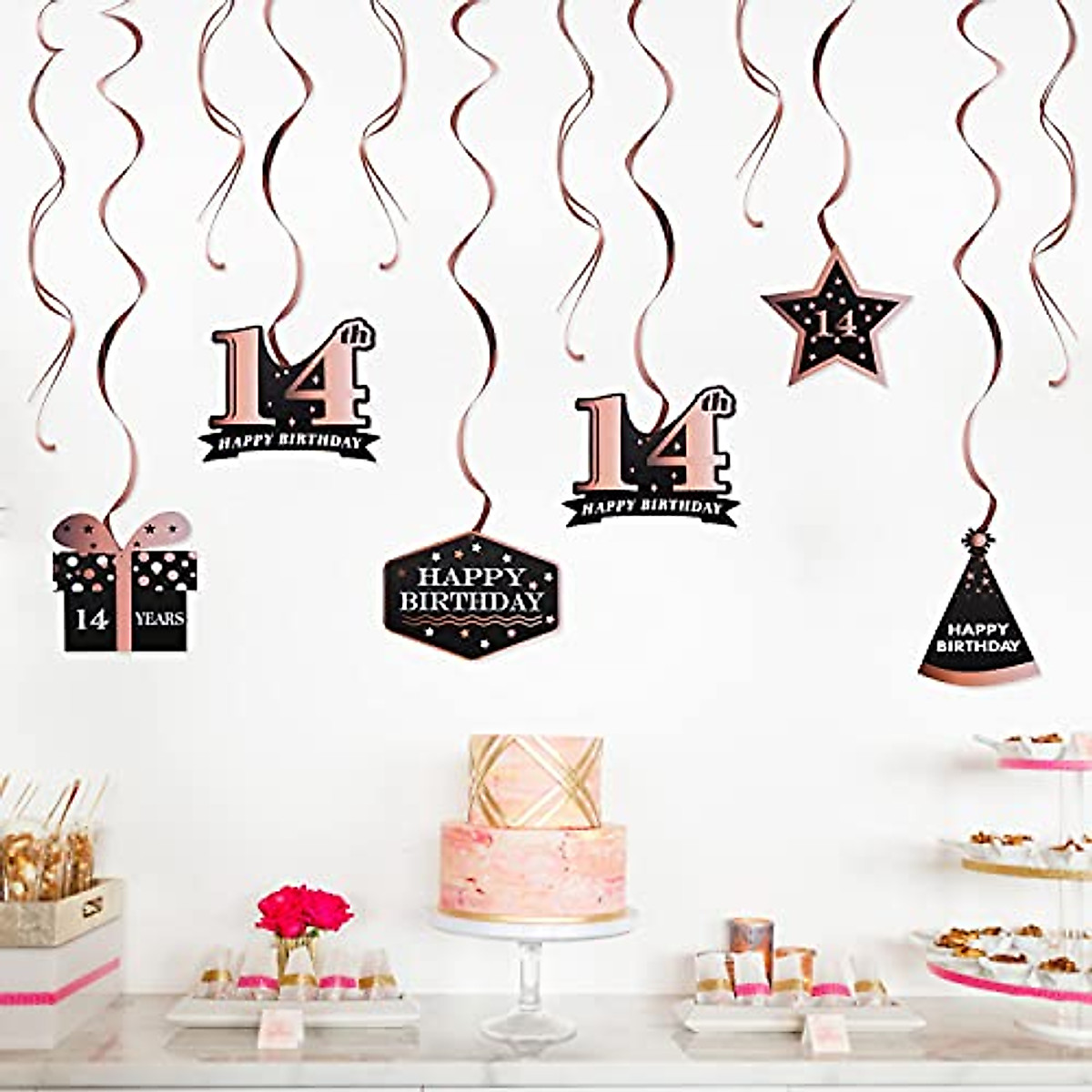 LINGTEER Happy 14th Birthday Rose Gold Swirls Streamers - Cheers to 14th Birthday Fourteen Years Old Bday Party Hanging Decorations.