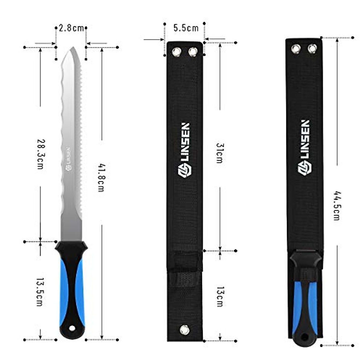 Linsen-Outdoor Stainless Steel Garden Knife with 11" Blade, Double Side Utility Sod Cutter Lawn Repair Garden Knife with Nylon Sheath