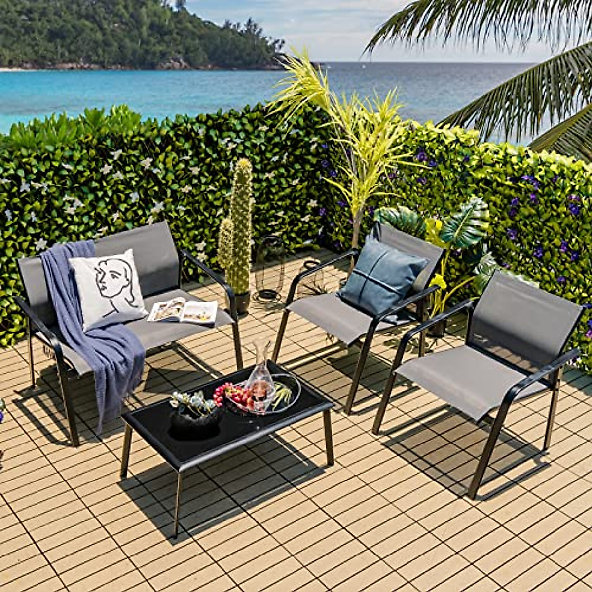 Tangkula 4 Pieces Patio Furniture Set, Outdoor Conversation Set with Tempered Glass Coffee Table, Outdoor Bistro Set with Fabric and Anti-Rust Steel Frame for Garden, Poolside and Backyard (Gray)