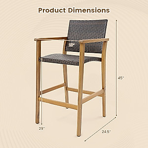 Tangkula Patio Rattan Bar Stool Set of 2, Outdoor PE Wicker Bar Chairs with Armrests, Counter Height Acacia Wood Barstools with Sturdy Footrests, for Balcony, Backyard, Poolside (2, Mix Brown)