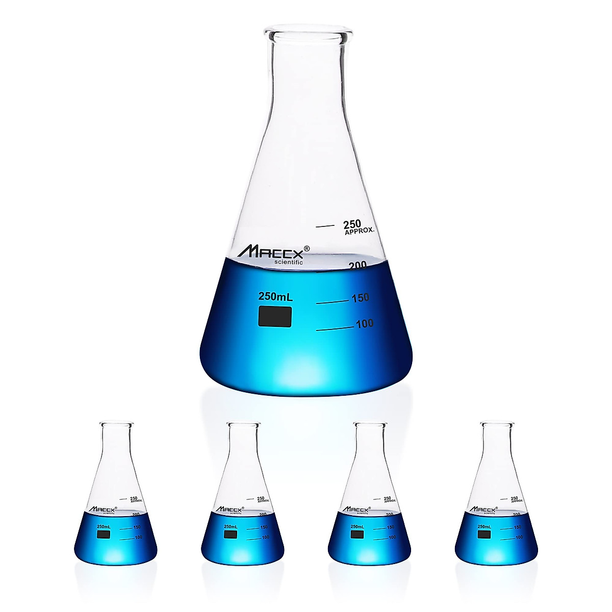 Maccx 8.5oz(250ml) Narrow-Mouth Sturdy Glass Erlenmeyer Flask, 3.3 Borosilicate with Printed Graduation, Pack of 4, EFN250-004
