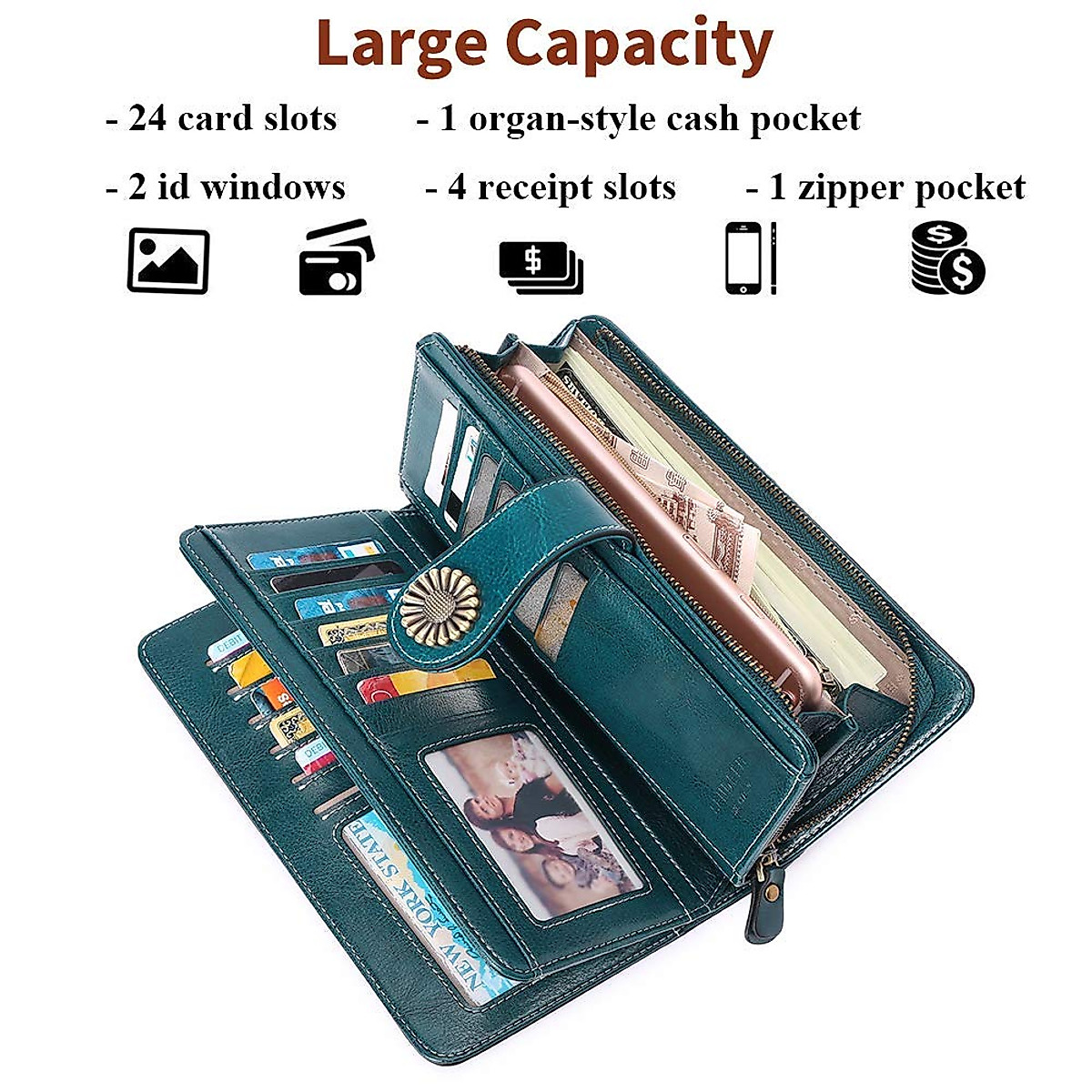 KELEEL Women's RFID Blocking Wallet Genuine Leather Clutch Wallet Card Holder Organizer Ladies Purse (Blue)