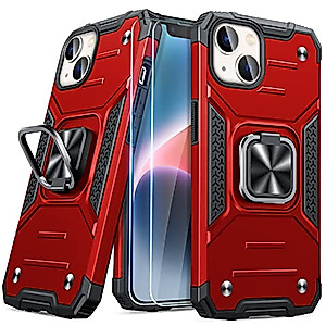 JAME for iPhone 14 Case with Screen Protector [2 PCS], Shockproof Bumper Case for iPhone 14 Case for Women & Men, Heavy-Duty Protection with Metal Ring Kickstand Case for iPhone 14, Red
