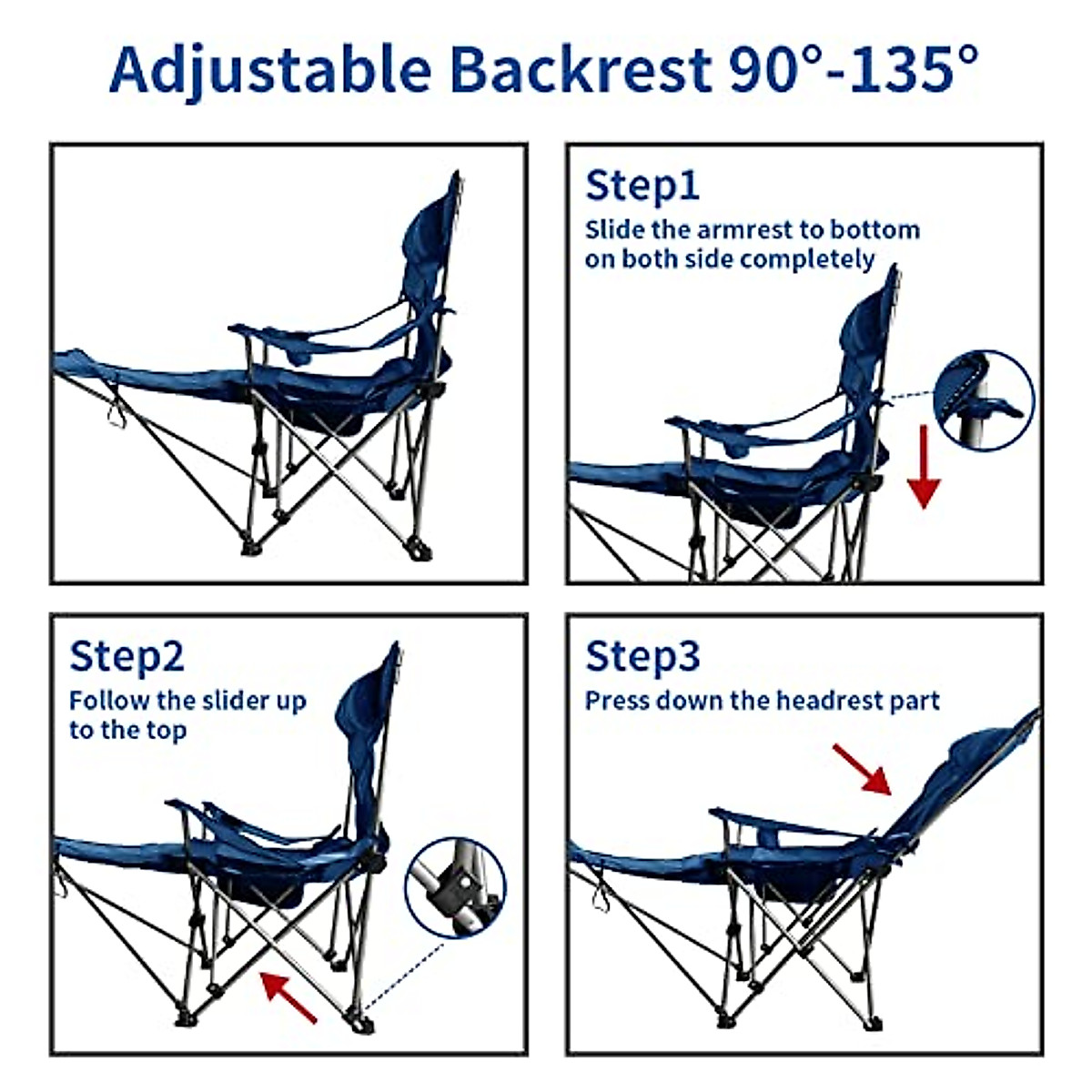 MYCOQU Camping Lounge Chair, Oversized Folding Reclining Camping Chair, Portable Recliner with Footrest, Carry Bag and Cup Holder, 320 Ibs Weight Capacity(Blue)