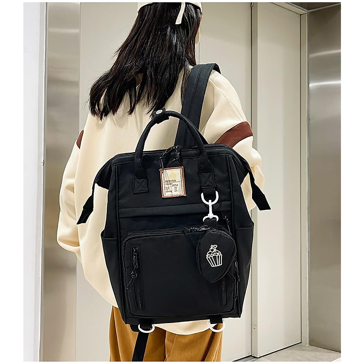 DEEPWIN Kawaii Backpack With Cute Accessories Nylon Shoulder Crossbody Backpack With Small Wallet Accessories (BLACK)