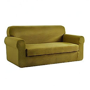 CHUN YI Stretch Loveseat Sofa Slipcover 2 Piece Sofa Cover, 2 Seater Couch Slipcover Coat Soft Washable Furniture Covers with Elastic Bottom, Checks Spandex Jacquard Fabric, Medium, Yellow Green