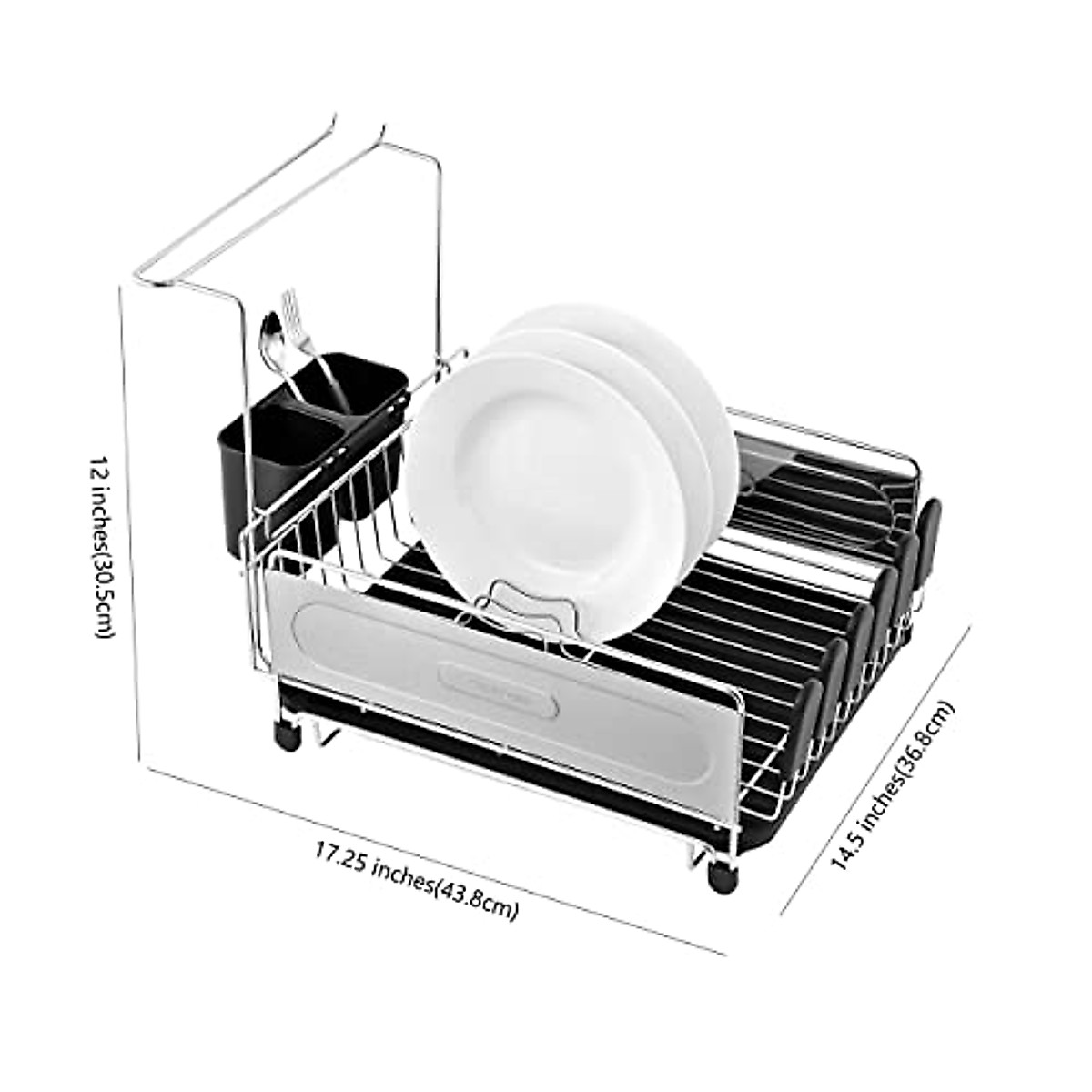 happimess DSH1000A Compact 17.25" Fingerprint-Proof Stainless Steel Dish Drying Rack, Dish Rack with Wine Glass Holder, Utensil Holder, Stainless Steel/Black, Silver/Black