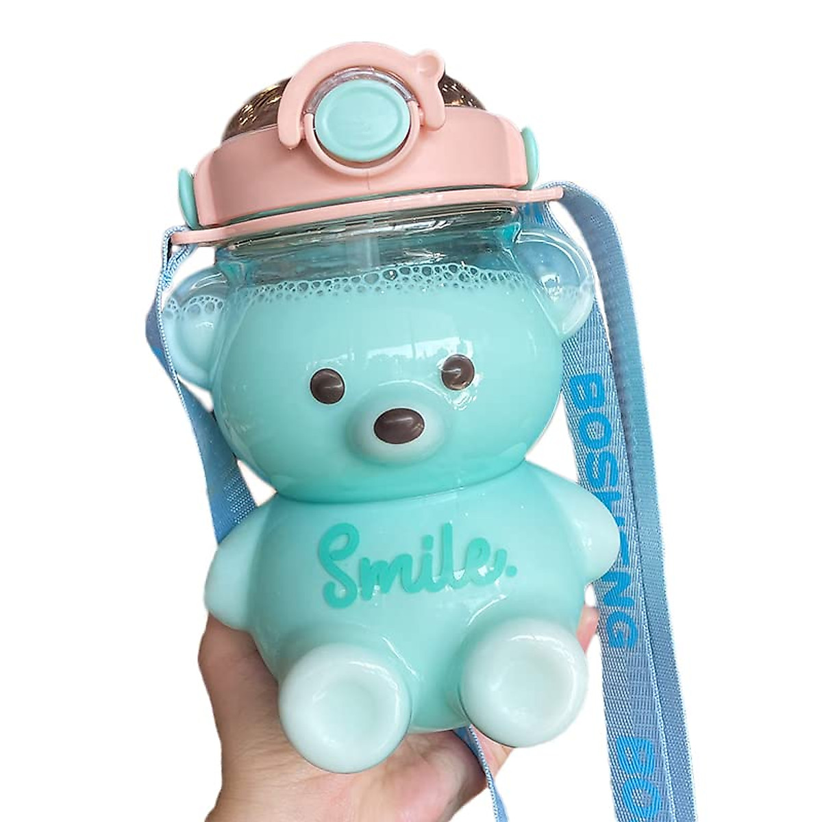 Cute Water Bottle 35OZ Kawaii Water Bottles with Straw and Shoulder Strap for School Camping Sports Travel, Leak-proof Girls Drinking Water Jug