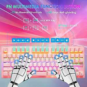 Pink Mechanical Gaming Keyboard Blue Switch Mini 87 Keys Wired Rainbow LED Backlit Keyboard Professional Lightweight Gaming Mouse Gaming Mice Pad for Gamers and Typists