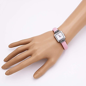 Rosemarie & Jubalee Women's Breast Cancer Pink Ribbon Stylish Square Face Vegan Leather Hinged Cuff Bracelet Watch, 2.25"