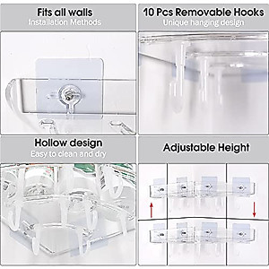 ChezMax Corner Shower Caddy, 2 Pack Adhesive Acrylic Bathroom Organizer with 10 Hooks for Shampoo Soap, Transparent Wall Mounted No Drilling Toilet Shelf, Floating Sponges Scrubbers Holder for Kitchen