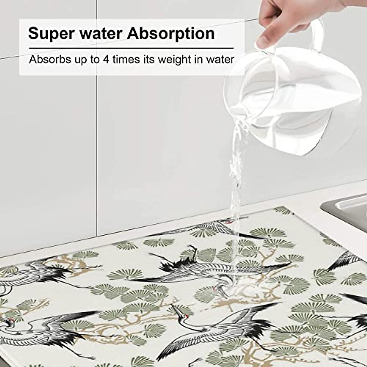 Japanese Crane & Pine Printed Drying Mat For Kitchen Ultra Absorbent Microfiber Dishes Drainer Mats Non-Slip Silicone Quick Dry Pad - 18 X 16inch