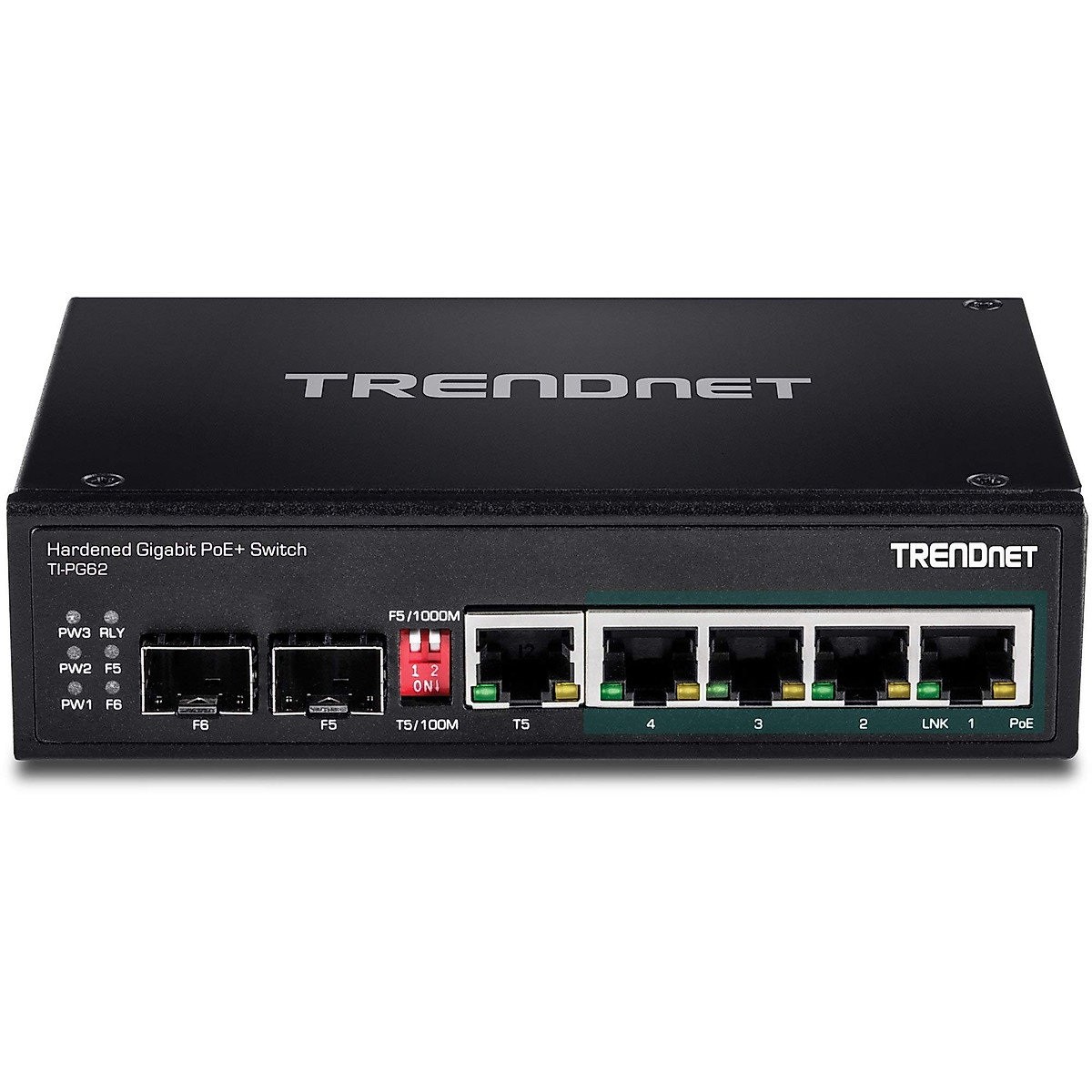 TRENDnet 6-Port Hardened Industrial Gigabit PoE+ DIN-Rail Switch,TI-PG62,4 x Gigabit PoE+ Ports, 1 x Shared Gigabit Port (RJ-45/SFP), 1 x Dedicated SFP, 120 W Power Budget, IP30,(Renewed)