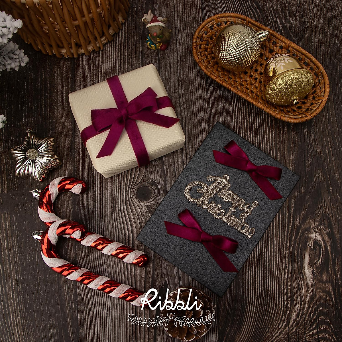 Ribbli Burgundy Velvet Ribbon Double Faced 3/8 Inch 10-Yard Spool Burgundy Ribbon Use for Christmas Tree Ornaments Gift Wrapping Wreath Decoration Wedding Boutonnieres