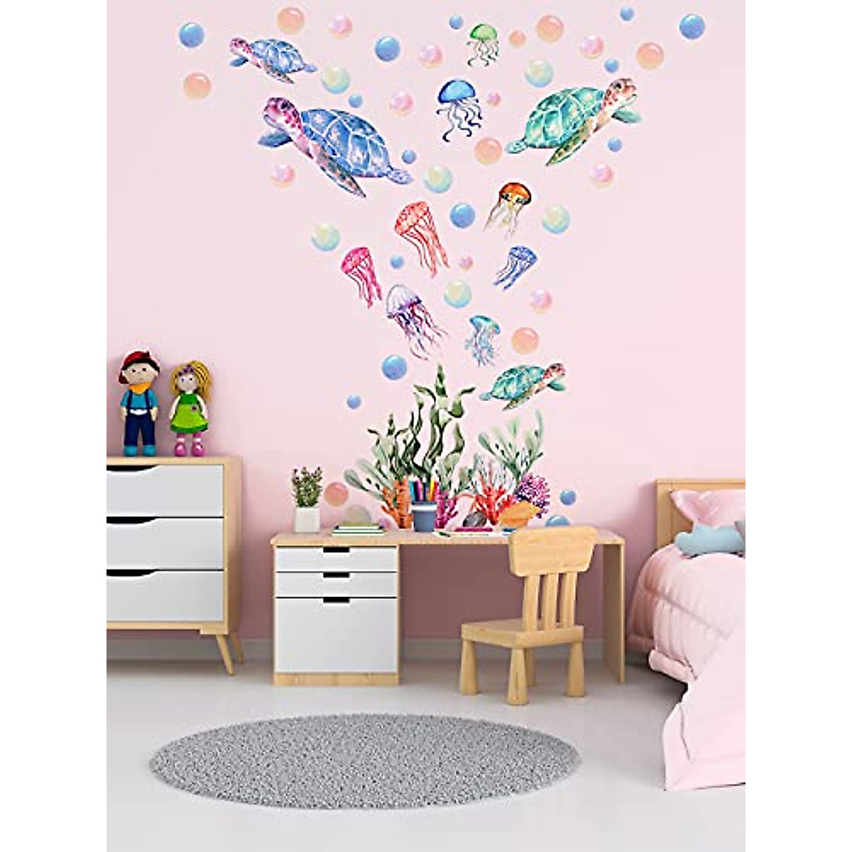 Under The Sea Wall Decals Sea Turtle Seaweed Wall Stickers Kalolary 3D Under The Sea Coral Reef Ocean Grass Bubbles Wall Decals Wall Decoration for Wall Corner Nursery Room Children Bedroom Bathroom Living Room