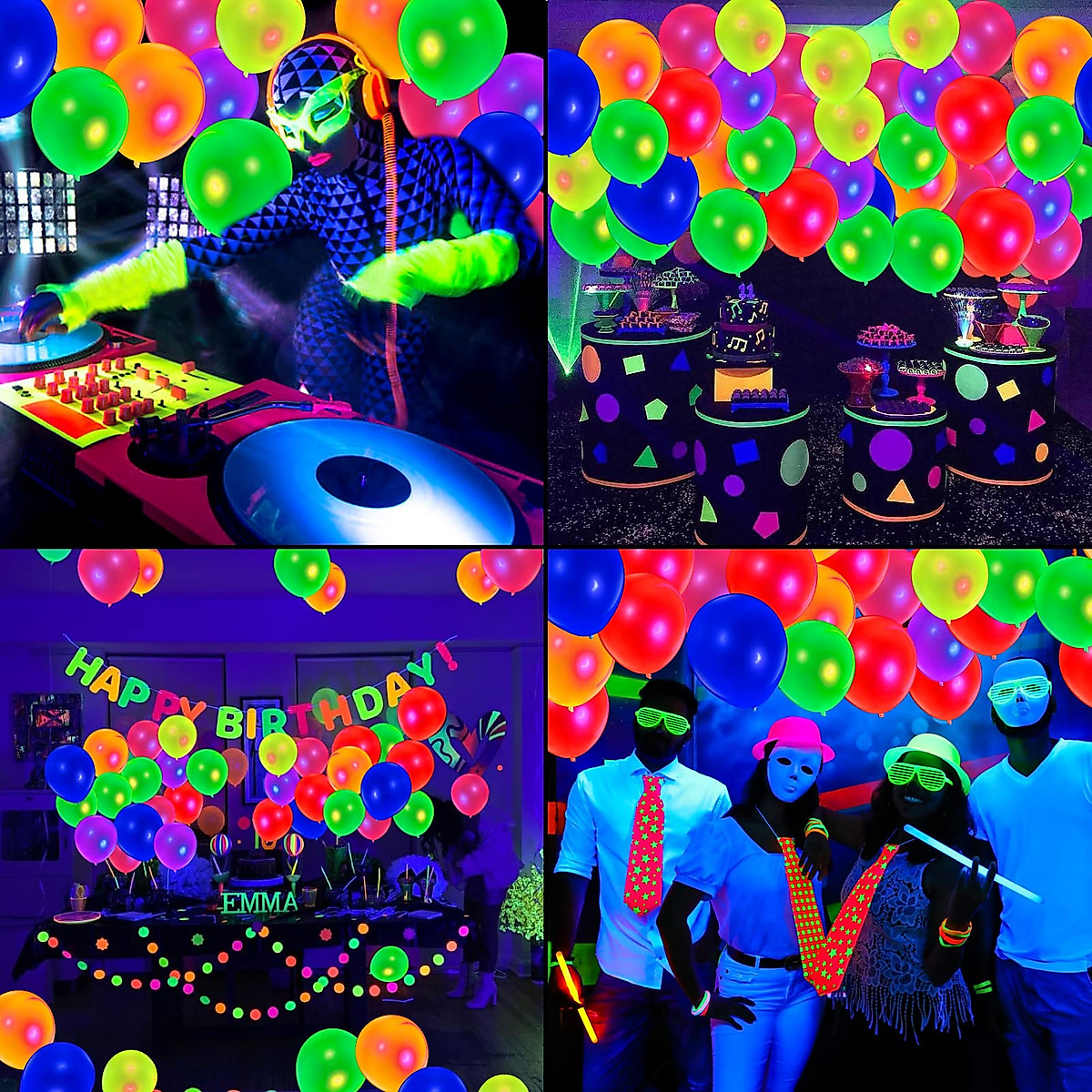 100 Pcs Neon Balloons, 12”UV Colorful Blacklight Balloons Glow in the Dark Luminous Helium Latex Balloon for Birthday, Wedding, Neon Party, Glow Party Decorations Supplies