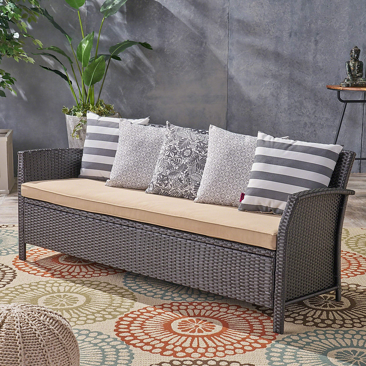 Christopher Knight Home Auguste Outdoor Wicker 3 Seater Sofa, Brown/Tan