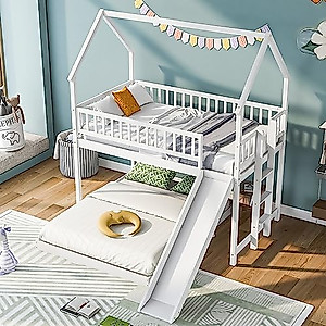 Twin Over Full Size House Bunk Bed, Wood Bunk Bed Frame with Slide, Built-in Ladder and Fence Guardrails, Playhouse Bed Slide Bed for Kids Adults, Bedroom Furniture Bunk Bed House Bed (White Bed)