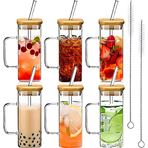 Rtteri 6 Set Square Glass Cups Drinking Glasses with Bamboo Lid Straw and Handle Portable Coffee Mugs for Graduation Party Mother's Day Gifts(Clear, 16 oz, Medium)