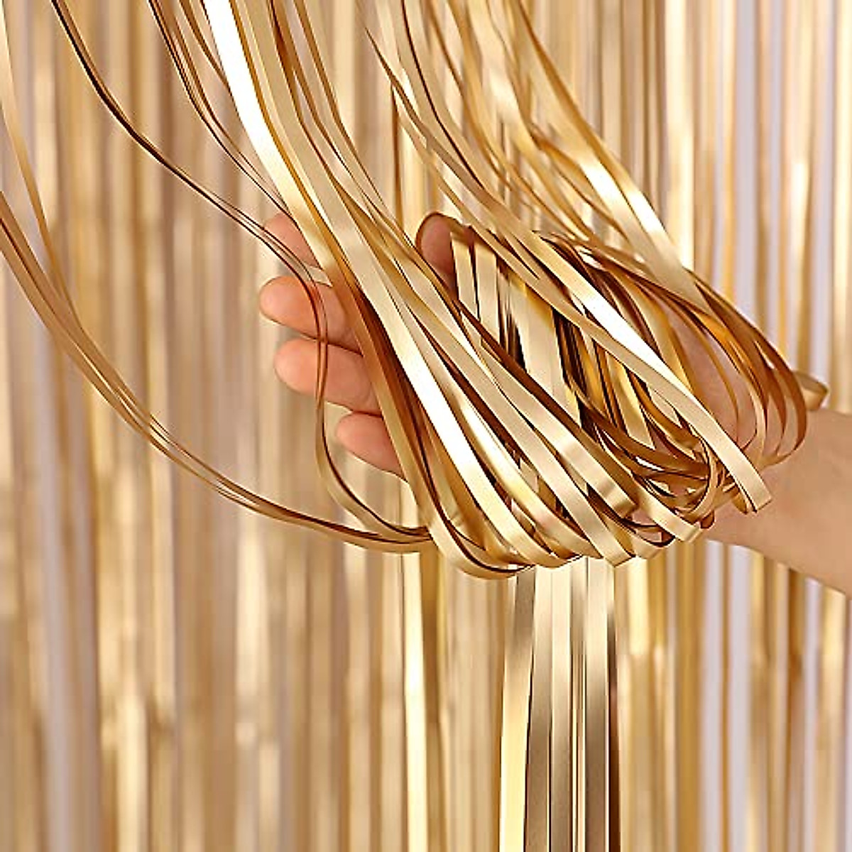 LILF 2 Pack of 3.3ft x 8.3ft Matte Metallic Foil Fringe Curtain for Birthday Party Wedding Bridal Baby Shower Photo Booth Backdrop Christmas Home Decoration Props (Matte Gold)