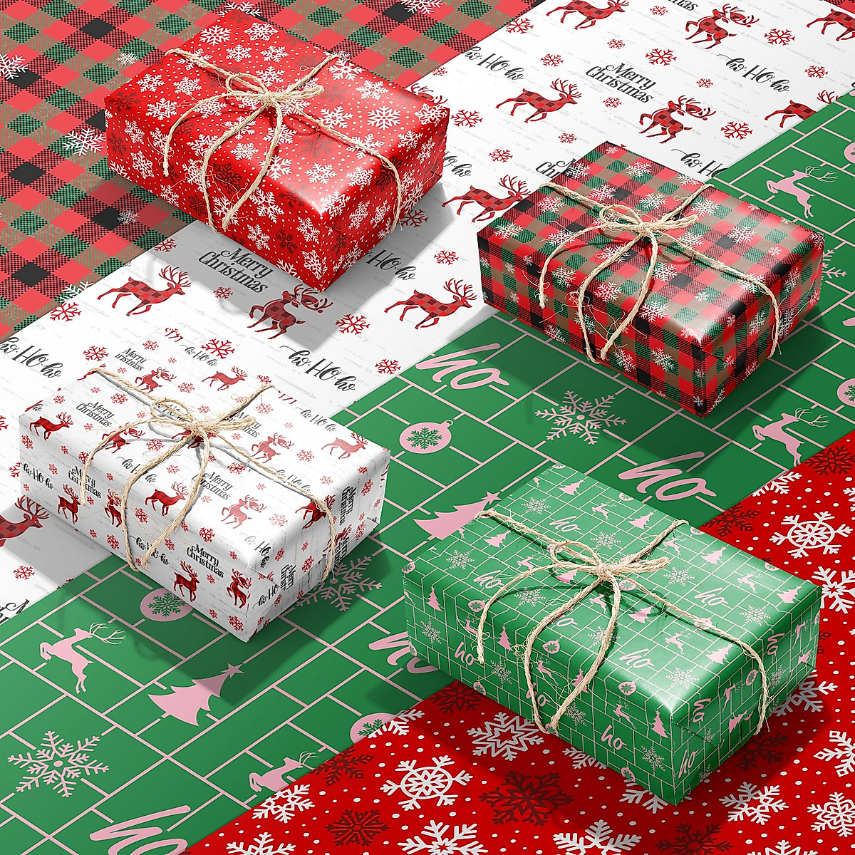 MotiGiftie Christmas Wrapping Paper for Kids Adults - Xmas Wrapping Paper with Red/Green Plaid, Reindeer, Snowflakes, “Ho Ho” Xmas Trees - 20 x 28 Inches, 12 Folded Sheets, Easy to Store