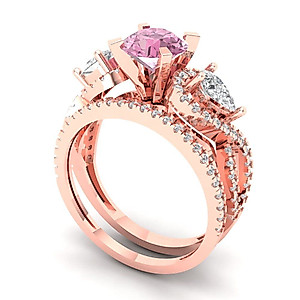 Clara Pucci 1.94 carat Round Shape 3 stone Pink Simulated Diamond Engagement Wedding Anniversary Bridal ring band set 14k Rose Gold 6.75