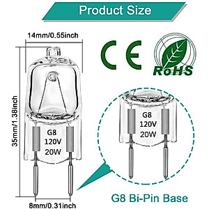 G8 Halogen Light Bulbs 20Watt 120Volt Halogen Bulbs Dimmable 2 Pin Xenon Bulb Warm White 2700K T4 JCD Type G8 Base Bi-Pin Shorter 1-3/8" (1.38") Length Under Cabinet Puck Lighting Replacements, 6Pack