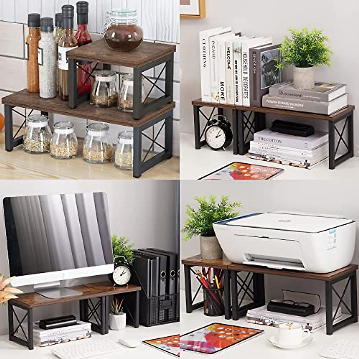 Honiter Wood Desktop Shelf, Freestanding Small Bookshelf Desk Supplies Organizers, 2 Tier Independent Stackable Desk Organizer, Desktop Organizer Office Storage Rack Adjustable Wood Display Shelf