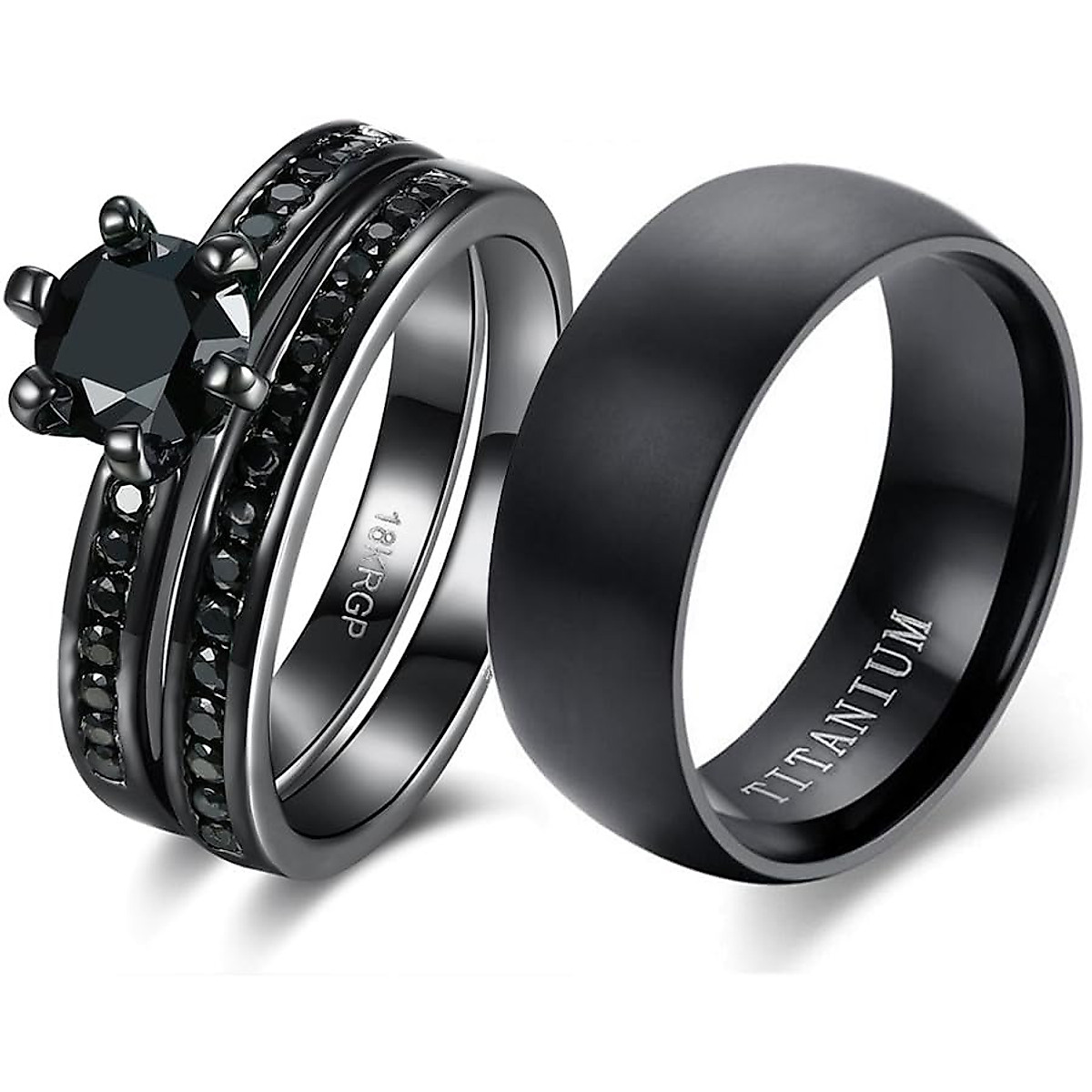 LOVERSRING Couple Ring Bridal Sets His Hers Women 18k Black Gold Plated Cz Men Titanium Wedding Ring Band Set