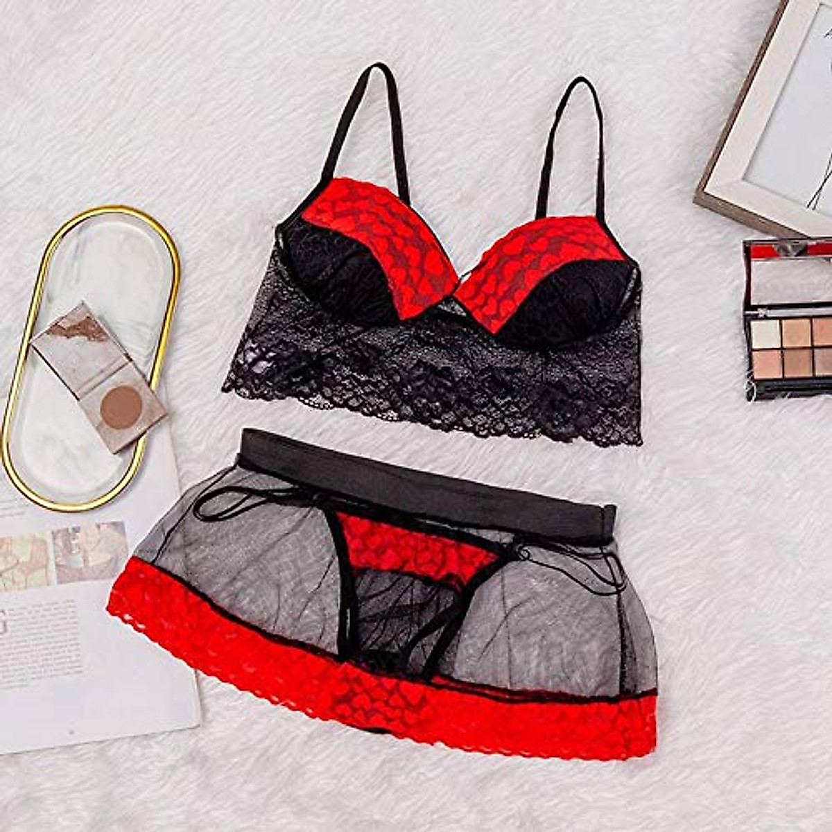 wodceeke Sexy Breast wrap Lace Split Plus Size Lingerie For Women Perspective Embroidered Print Bodysuit mesh Pajamas (Red, L)