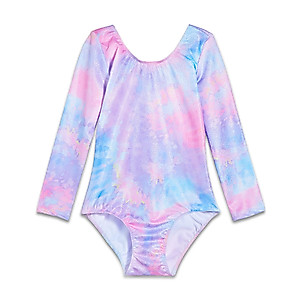 TENVDA Girls Gymnastics Leotards Toddler Kids Tumbling Outfit Size 2t 3t Sparkle Purple Tie Dye Long Sleeve Bodysuits