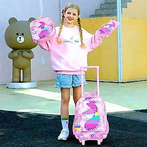 4PCS Rolling Backpack for Girls, Kids Mermaid Roller Backpacks with Wheels for Kids, Wheeled Bookbag Set for Toddler Elementary School