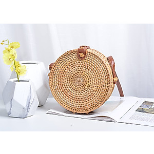 SHAREYOIU Handwoven Round Rattan Bag Shoulders Natural Chic Hand Tropical Beach Style Woven with Leather Strap (Pure, 7 x 3.2 inches)