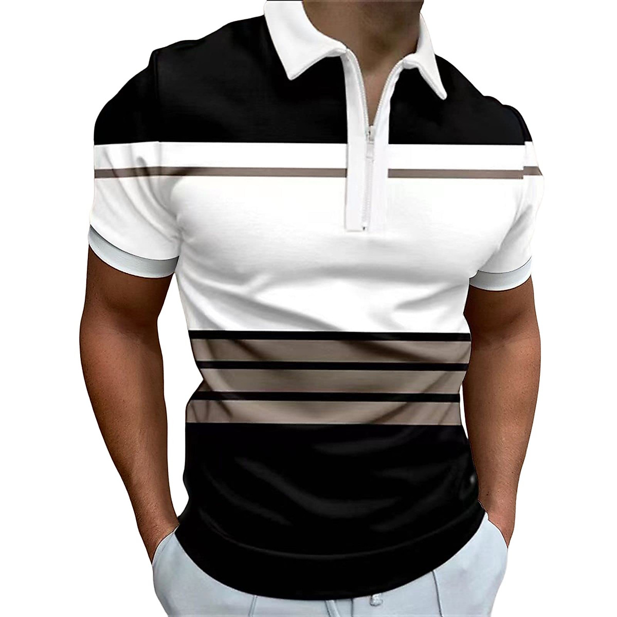 MorwenVeo Men's Fashion Zipper Polo Shirt Casual Sleeve Golf Striped Color Block Cotton Shorts, Color1, Medium